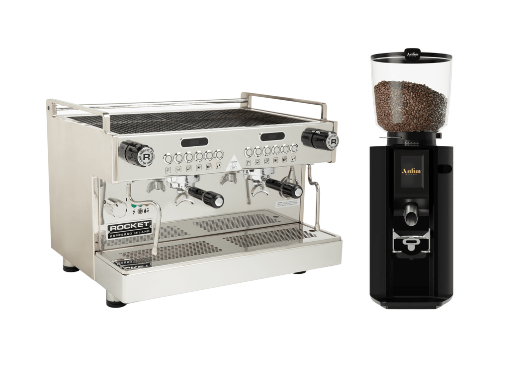 Commercial 2 Group Espresso Bundle: Rocket Boxer Timer Evo + Anfim Lun – Coffeeionado